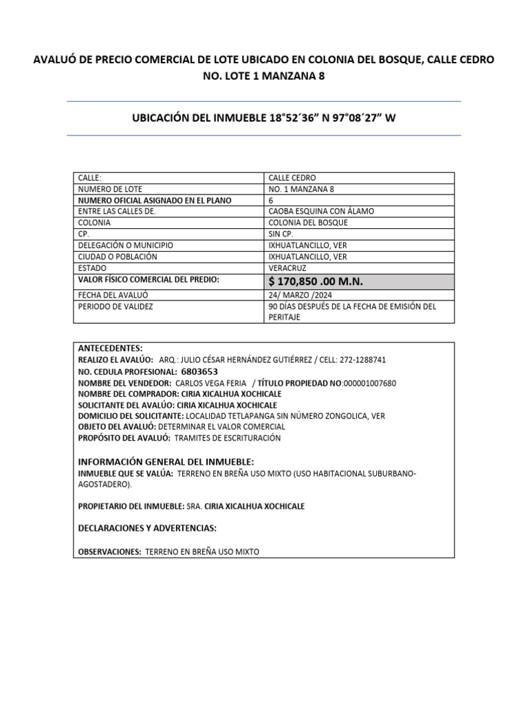 AVALUO DE LOTE Ciria Xicalhua Xochicale | PDF | Ciencias de la Tierra