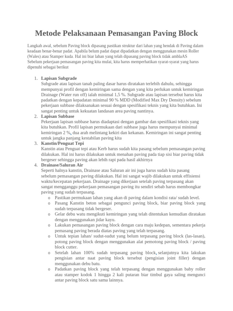 Metode Pelaksanaan Pemasangan Paving Block | PDF