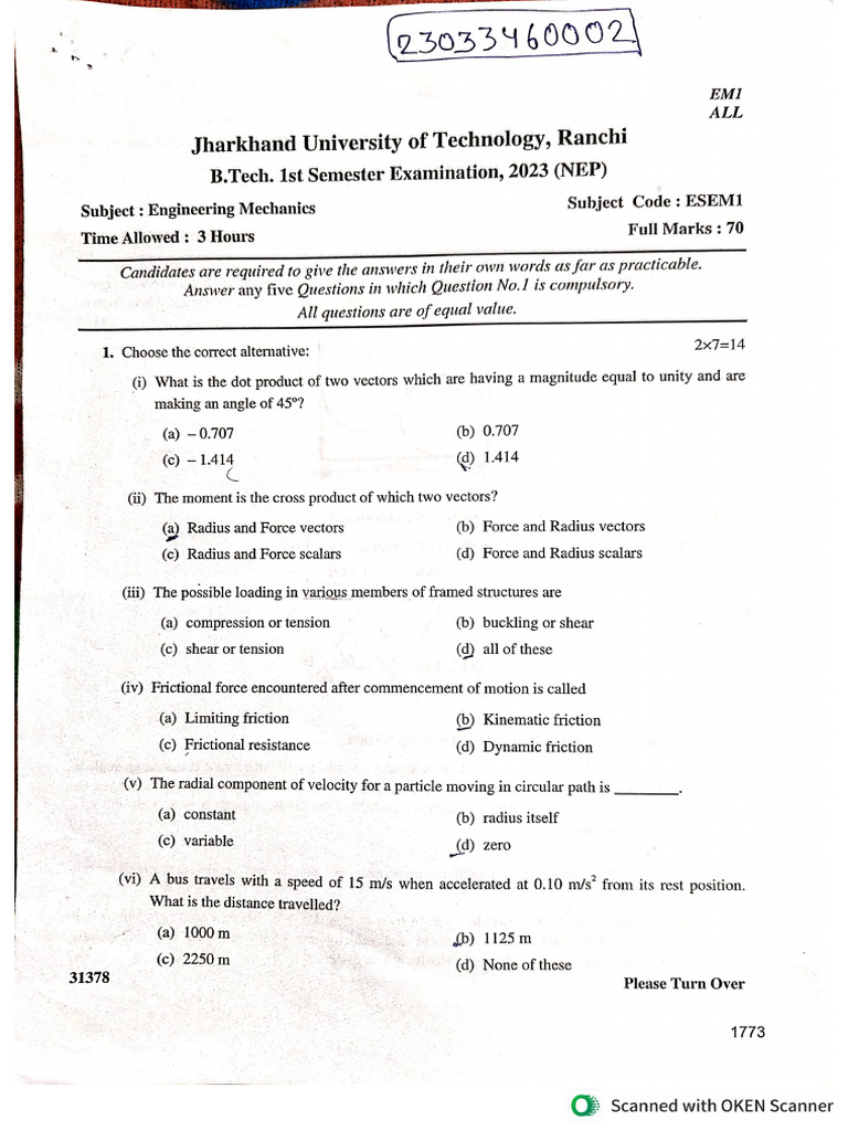 1st semester exam JUT Ranchi | PDF