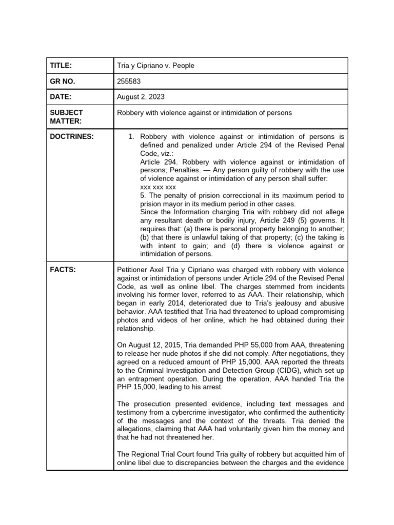 Tria y Cipriano v. People: Robbery Case | PDF | Prosecutor | Robbery
