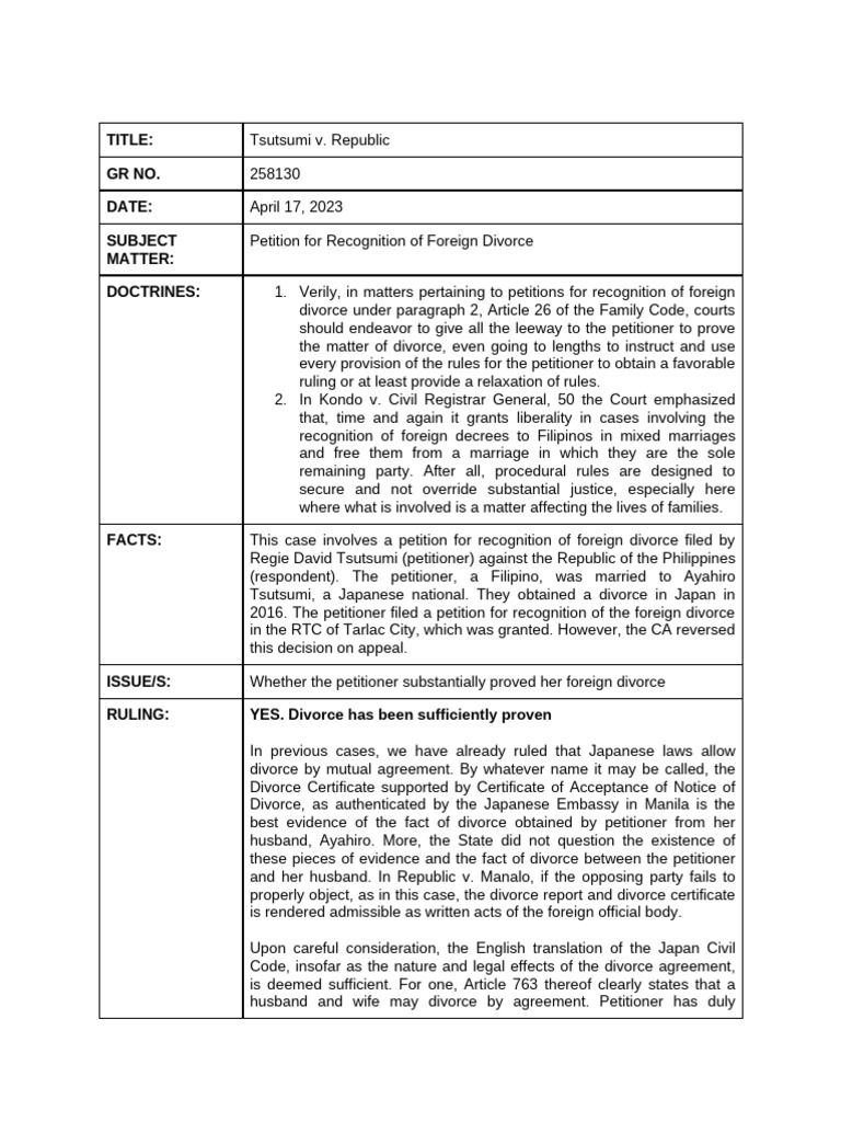 Tsutsumi v. Republic Case Digest | PDF | Divorce | Marriage