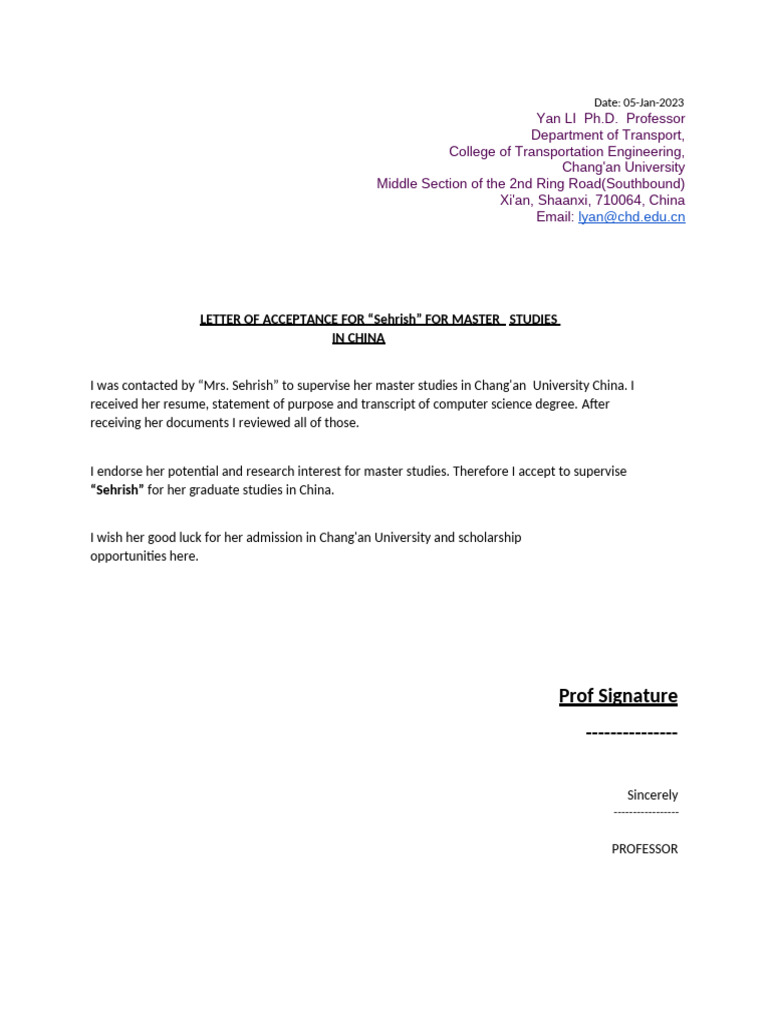 Acceptance of Sehrish Rana for Master's Studies | PDF