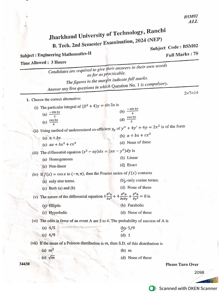 2nd Semester Exam JUT Ranchi | PDF