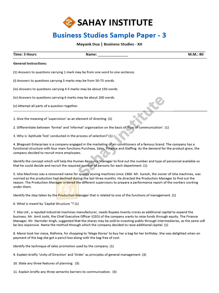Business Studies Sample Paper - XII | PDF | Marketing | Business