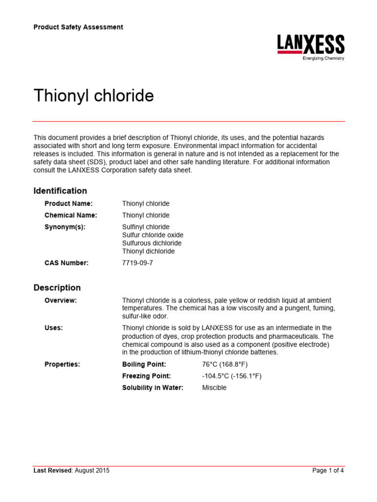 Thionyl chloride | PDF | Chloride | Chemical Substances