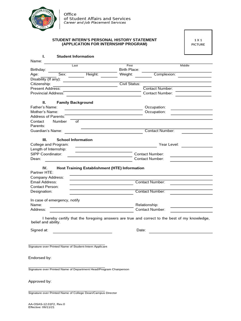 Student Intern Personal History Statement | PDF
