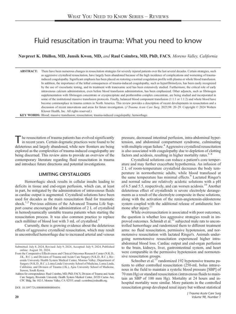 Fluid Resuscitation in Trauma What You Need To.3 | PDF | Thrombosis ...