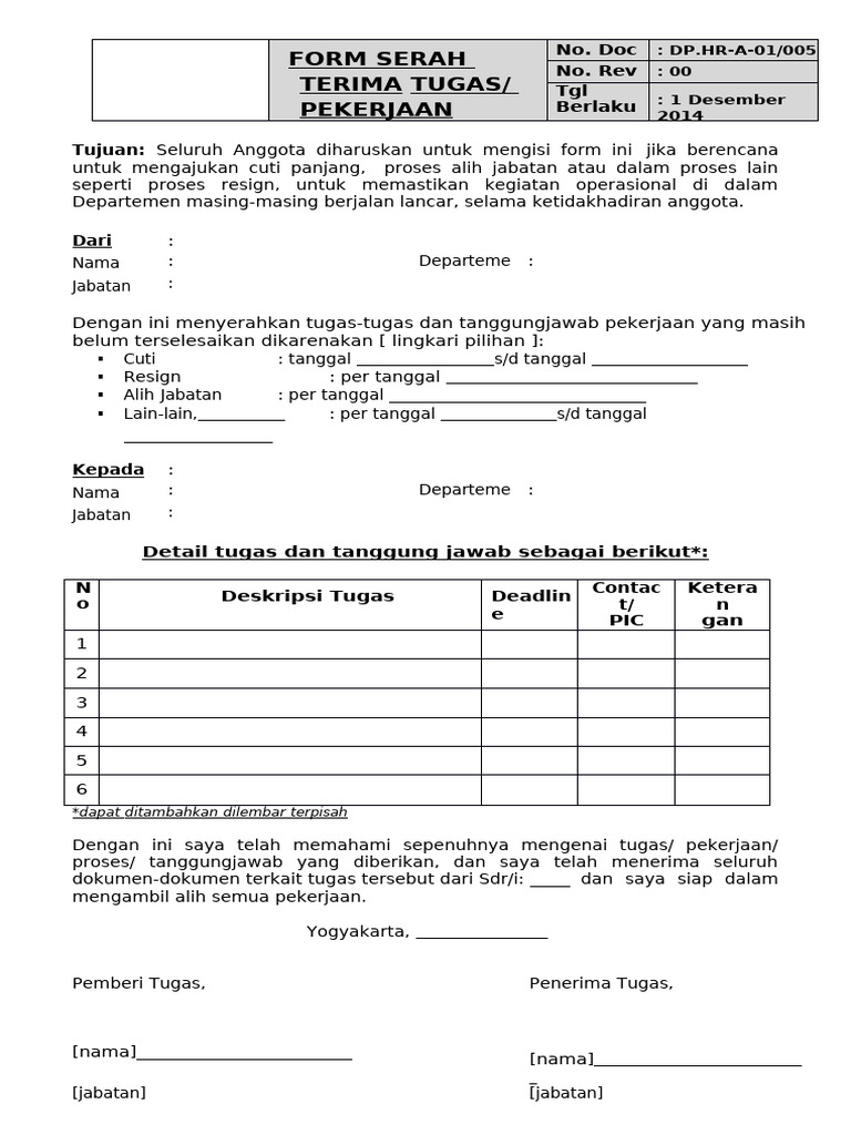 HRD Form Serah Terima Pekerjaan | PDF