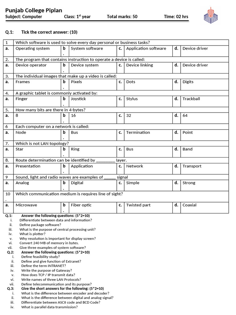 Computer 1st Year (Phase - I) Chapter 1,2,3 | PDF | Computer Network ...