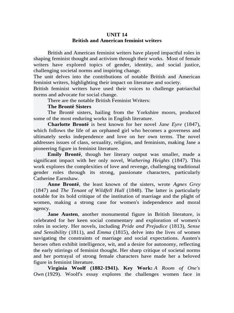UNIT 14 - British and American Feminist Writers | PDF | Feminism ...