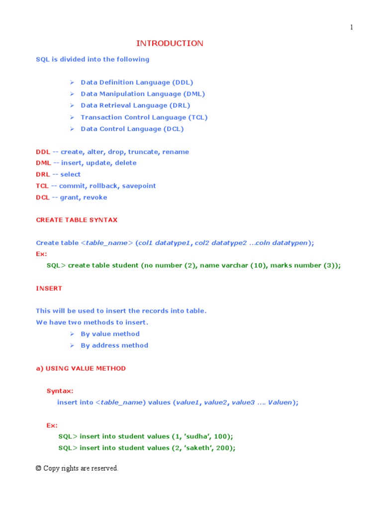 DDL DML DRL TCL DCL: SQL Create Table Student (No Number (2), Name ...