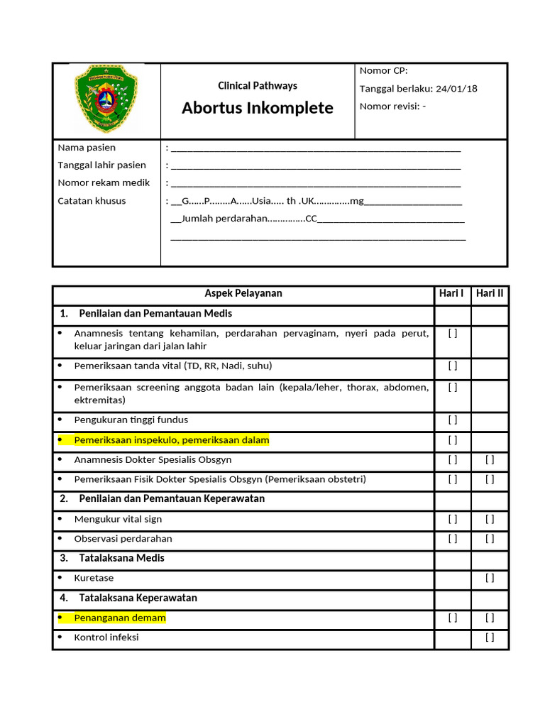 RSUD Clinical Pathway Abortus Inkomplit | PDF