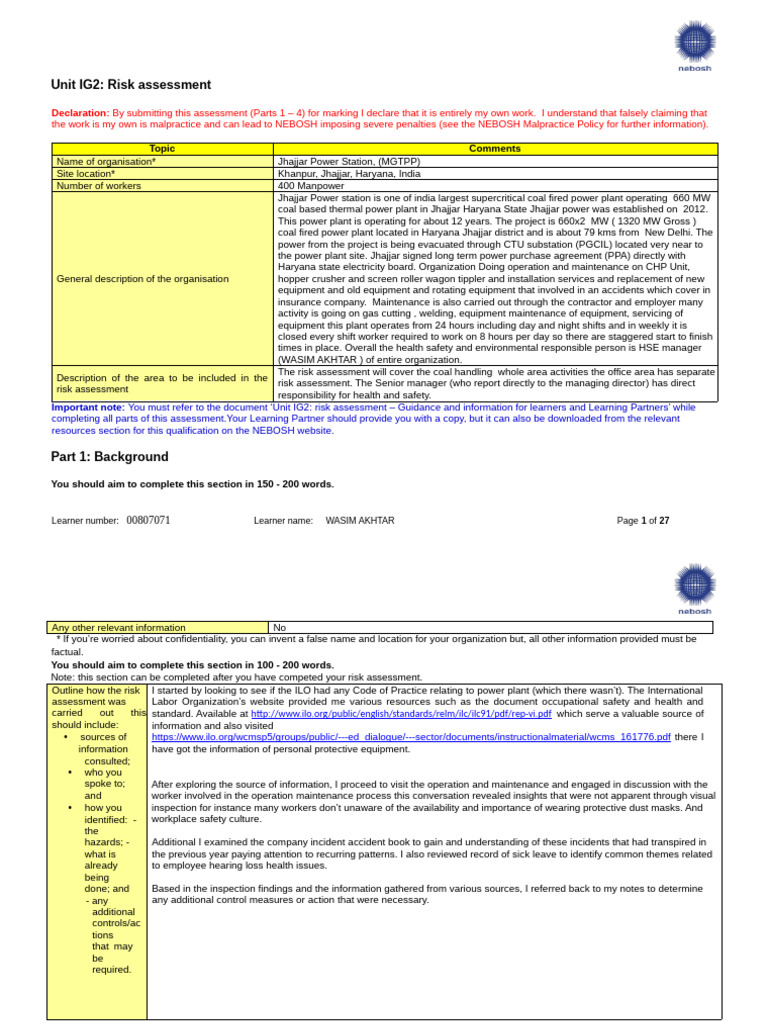 Unit IG2: Risk Assessment: Declaration | PDF | Personal Protective ...