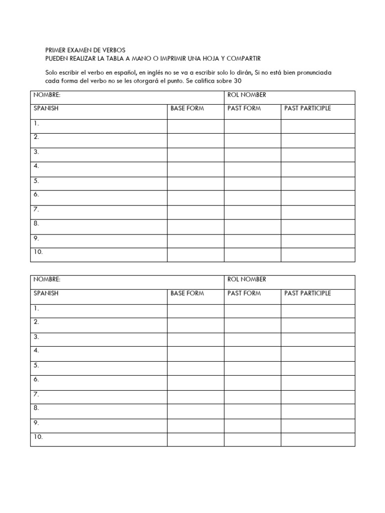 Examen de Verbos en Español | PDF