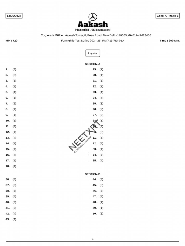 Ft 01 Rm Answer Key by @Neetxrt (3) | PDF