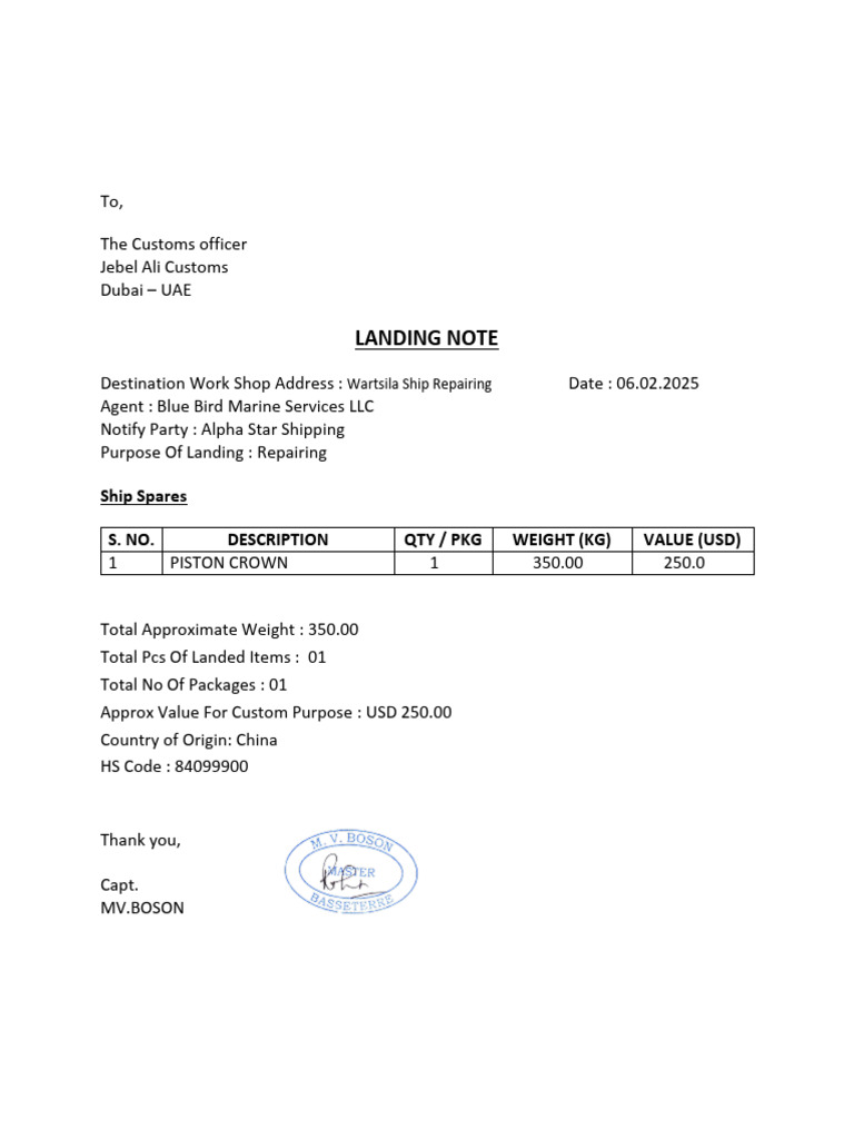 Landing Note From Master Format | PDF