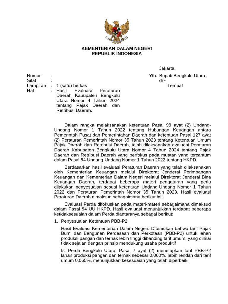 Evaluasi Bengkulu Utara Surat Perda PDRD | PDF