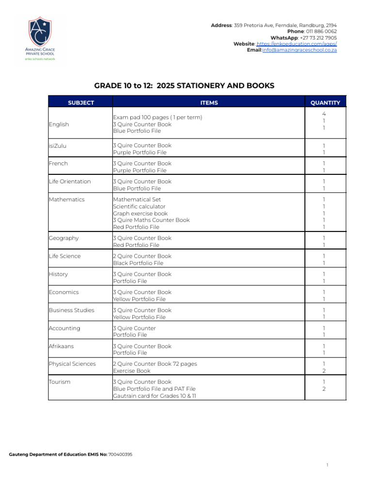 Grade 10-12 2025 Stationery List | PDF | Science
