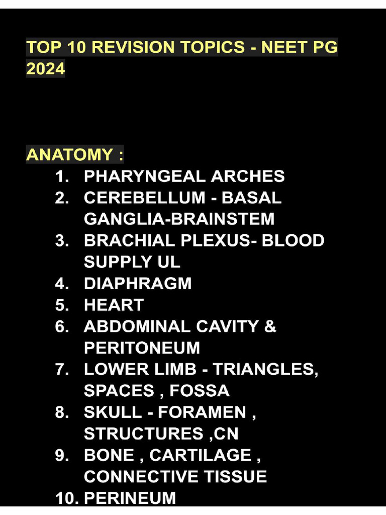 Top 10 Topics To Revise Before Neet PG 2024 - Dr. JTM | PDF