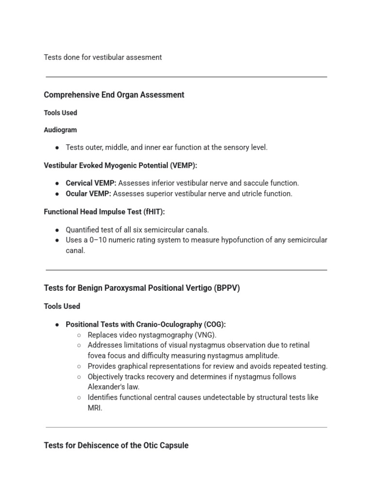 Vestibular Assessment Test Overview | PDF | Vestibular System | Neurology