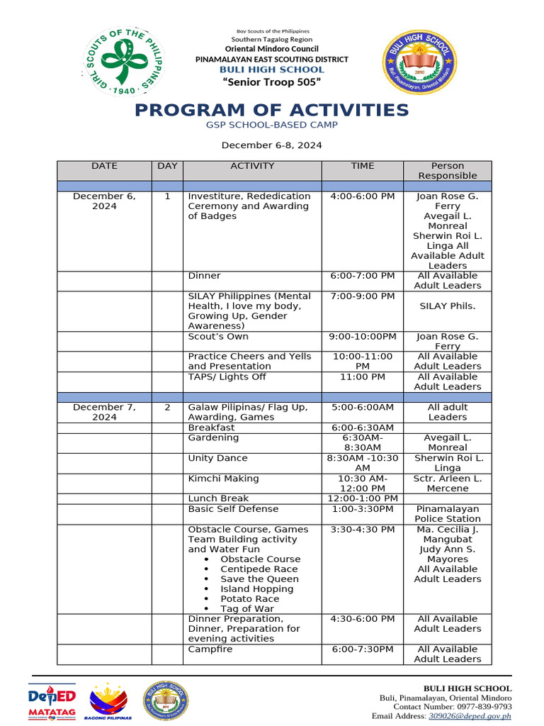 GSP School-Based Camp Activities 2024 | PDF | Meal | Scouting And Guiding