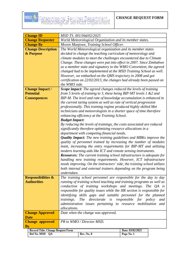 MSD QA Change Request Form TS 001 | PDF | Information And ...