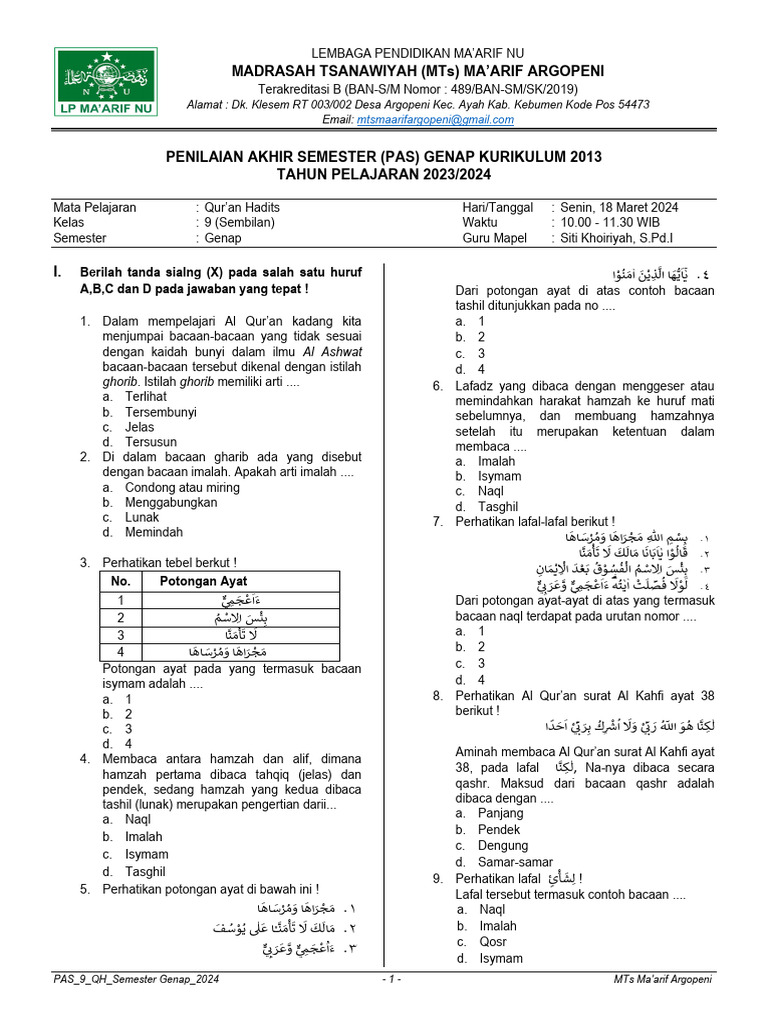 Soal QH PAS Genap 2024 | PDF