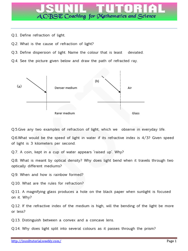 Class 8 Light and Vision Test Paper | PDF | Refraction | Refractive Index