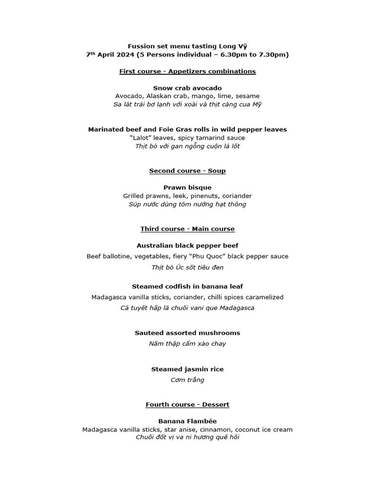 Fusion Food Tasting Set Menu | PDF