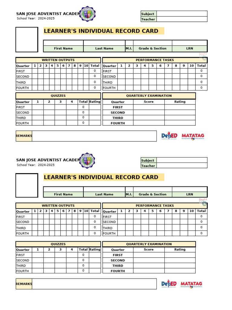 Learner's Individual Record Card (Excel) | PDF