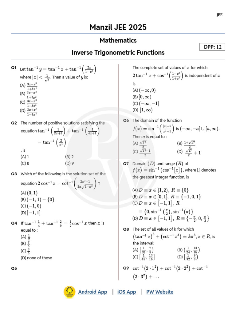 DPP 12 - Inverse Trigonometric Functions - Manzil JEE 2025 | PDF | Trigonometric Functions ...