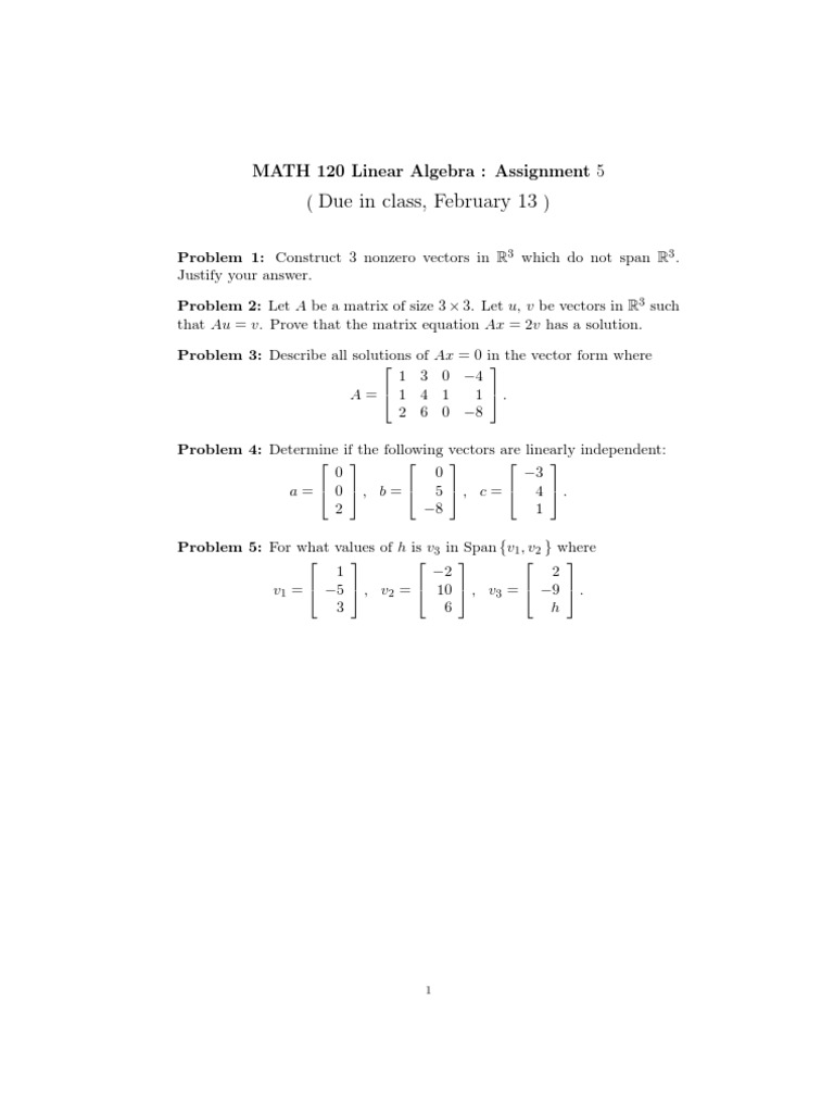 Due in Class, February 13: MATH 120 Linear Algebra: Assignment 5 | PDF