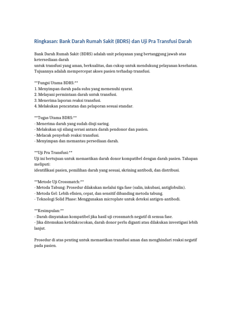 Ringkasan BDRS Uji Pra Transfusi | PDF