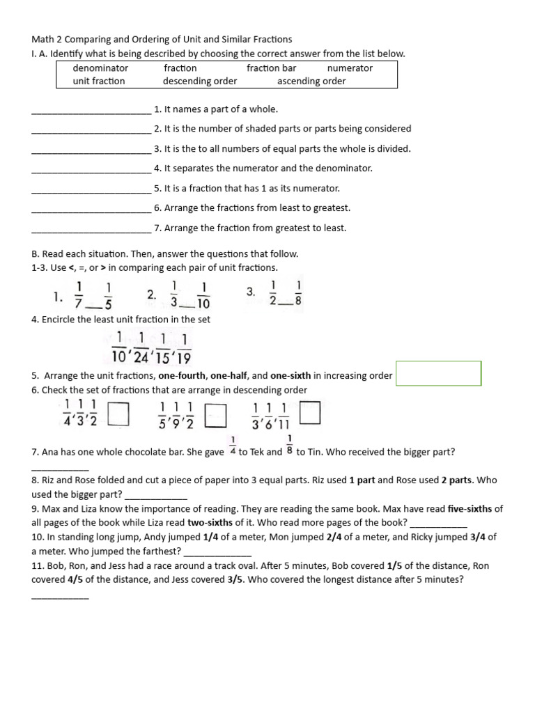 01-30-25 Math 2 Comparing and Ordering of Unit and Similar Fractions | PDF