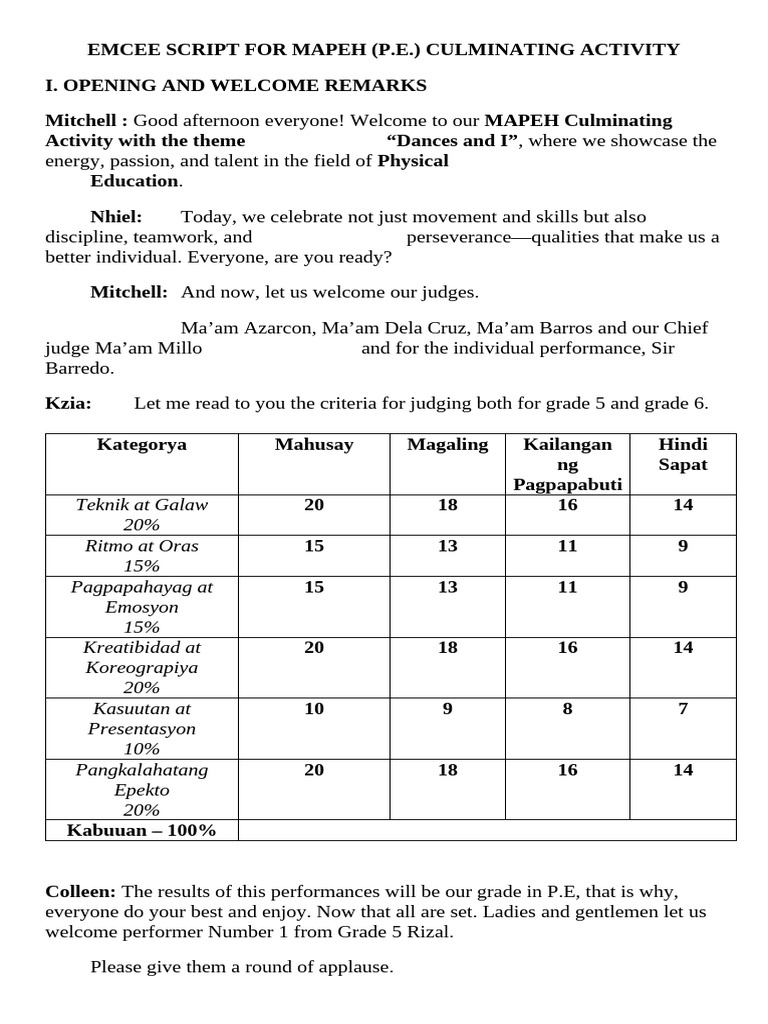 Emcee Script For Mapeh | PDF
