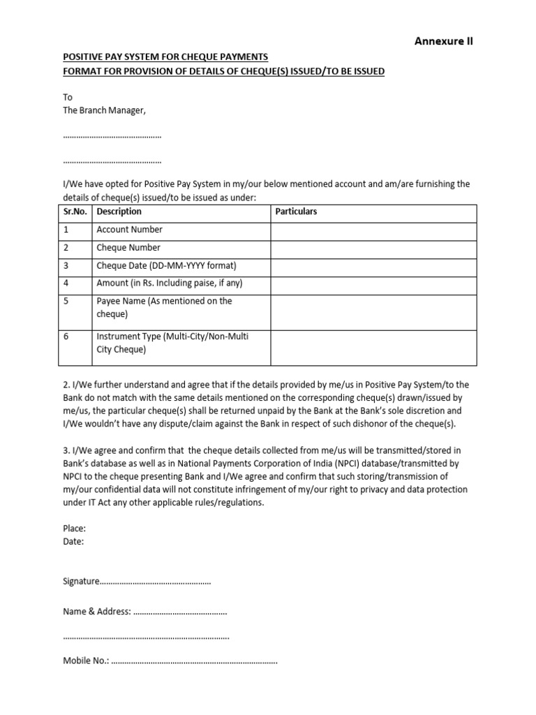 Positive Pay System Cheque Form | PDF