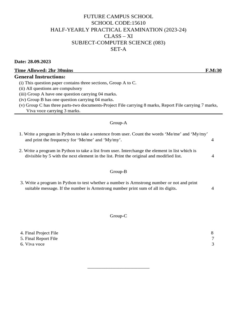 Class 11 CS HY Practical Set A | PDF