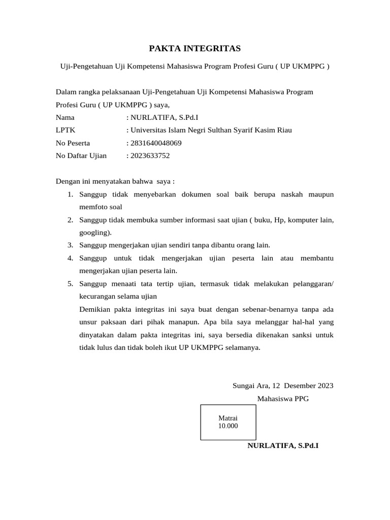 PAKTA INTEGRITAS UP UKMPPG | PDF