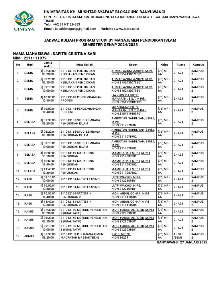 Sistem Informasi Manajemen Akademik Uimsya Blokagung | PDF