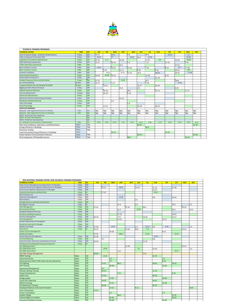 ZESA Training Centre 2025 Course Schedule | PDF