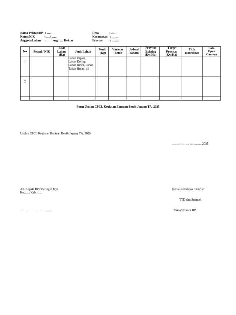 Format Usulan CPCL Jagung | PDF