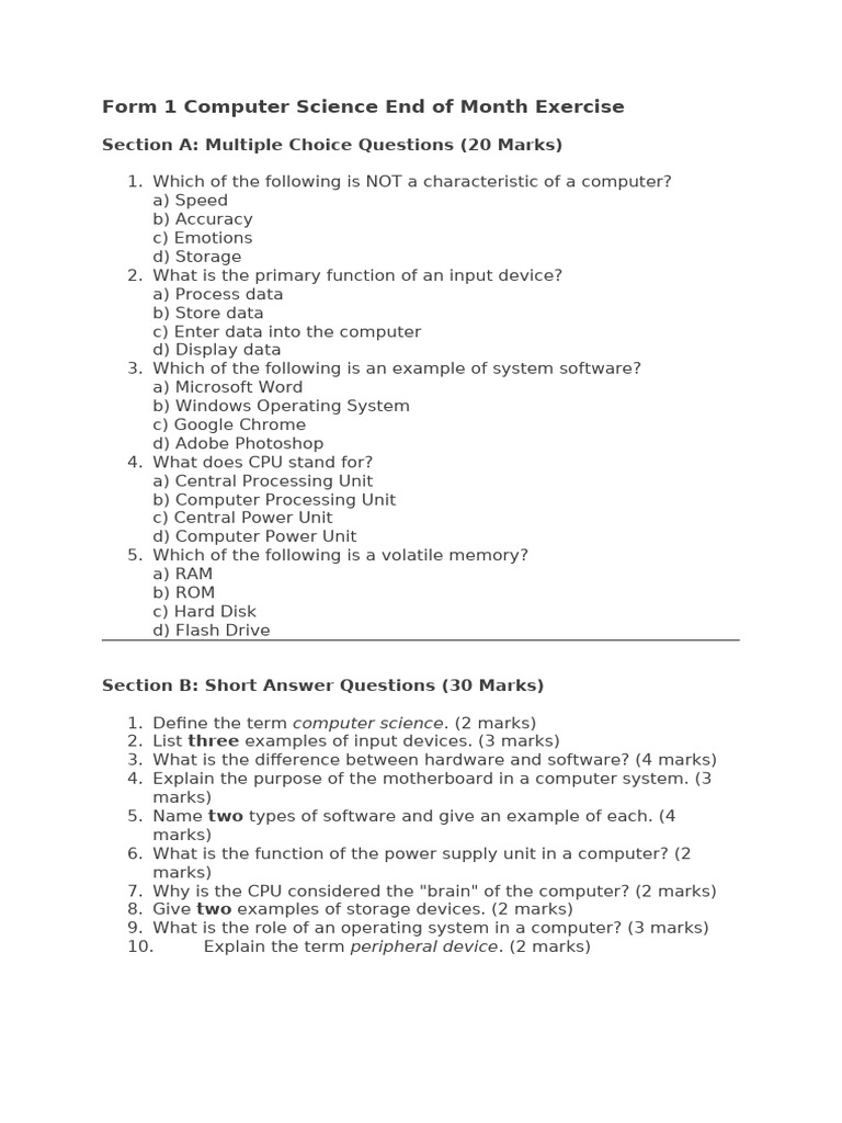 Form 1 Computer Science End of Month Exercise | PDF