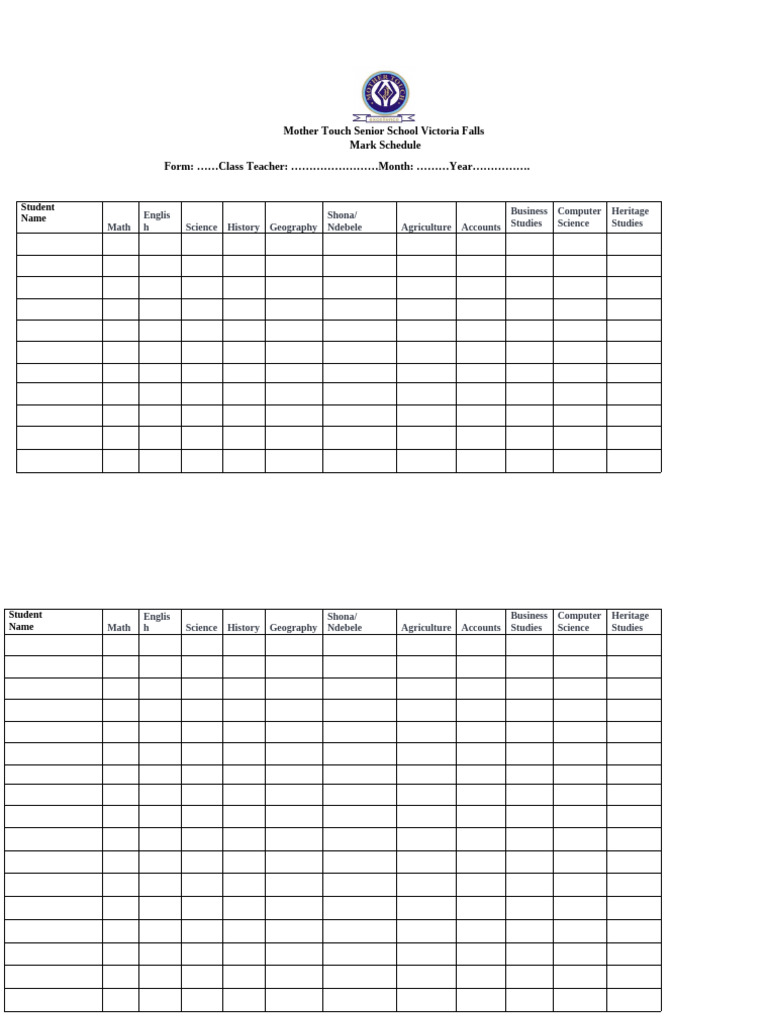 Mother Touch Victoria Falls Senior School Mark Schedule Double | PDF