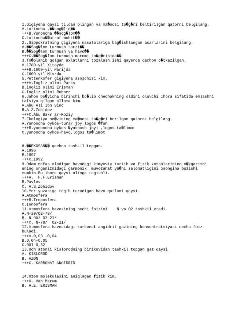 101.docx Gigiyena - Testlar Raqam | PDF