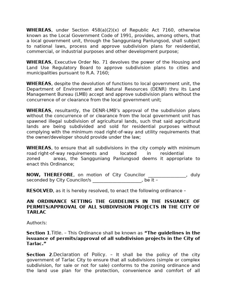 Draft Ordinance Subdivision | PDF | Parking | Local Government