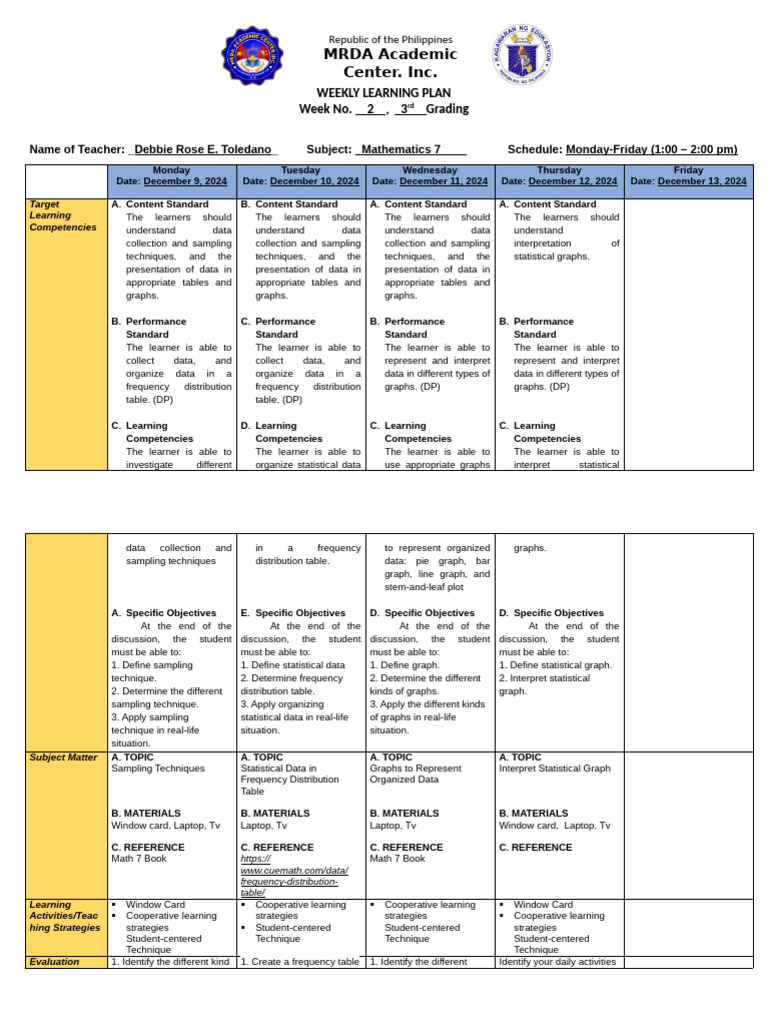 Weekly Math Learning Plan Data Graphs Pdf Statistics Learning