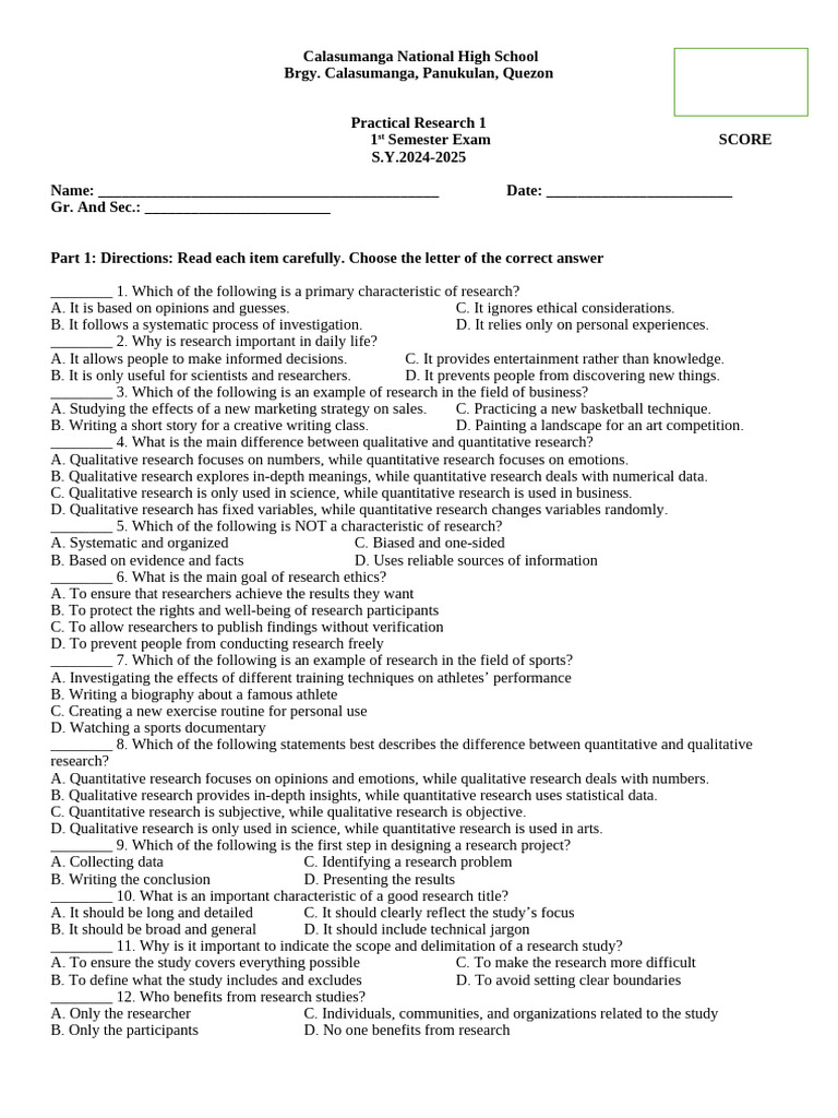Practical Research 1 1st Summative Exam 2024-2025 | PDF | Methodology ...