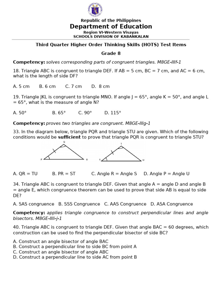 Q3 HOTS Test Items Grades 7 11 | PDF | Triangle | Variance