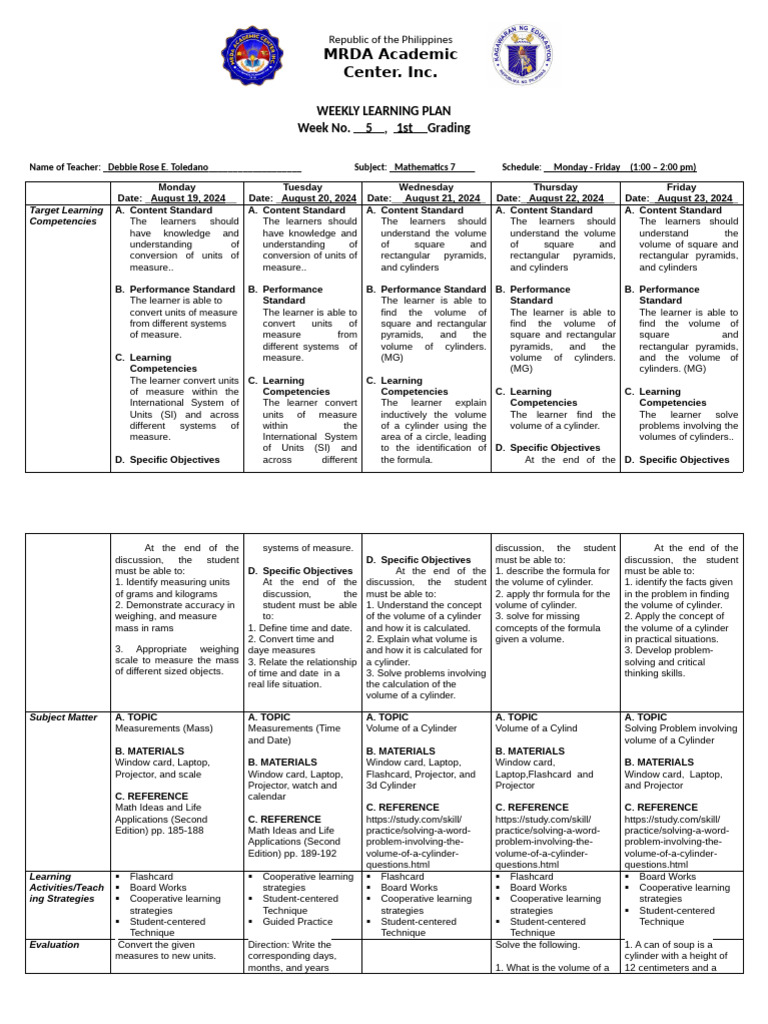 Weekly Learning Plan Week 5 Math 7 Pdf Kilogram Volume