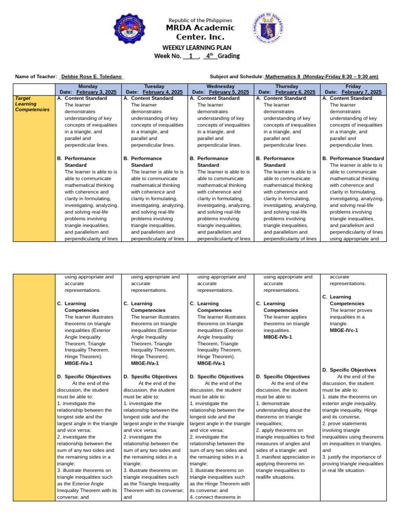 WEEKLY-LEARNING-PLAN-4th QUARTER-WEEK 1-MATH 7 | PDF | Triangle | Mathematics
